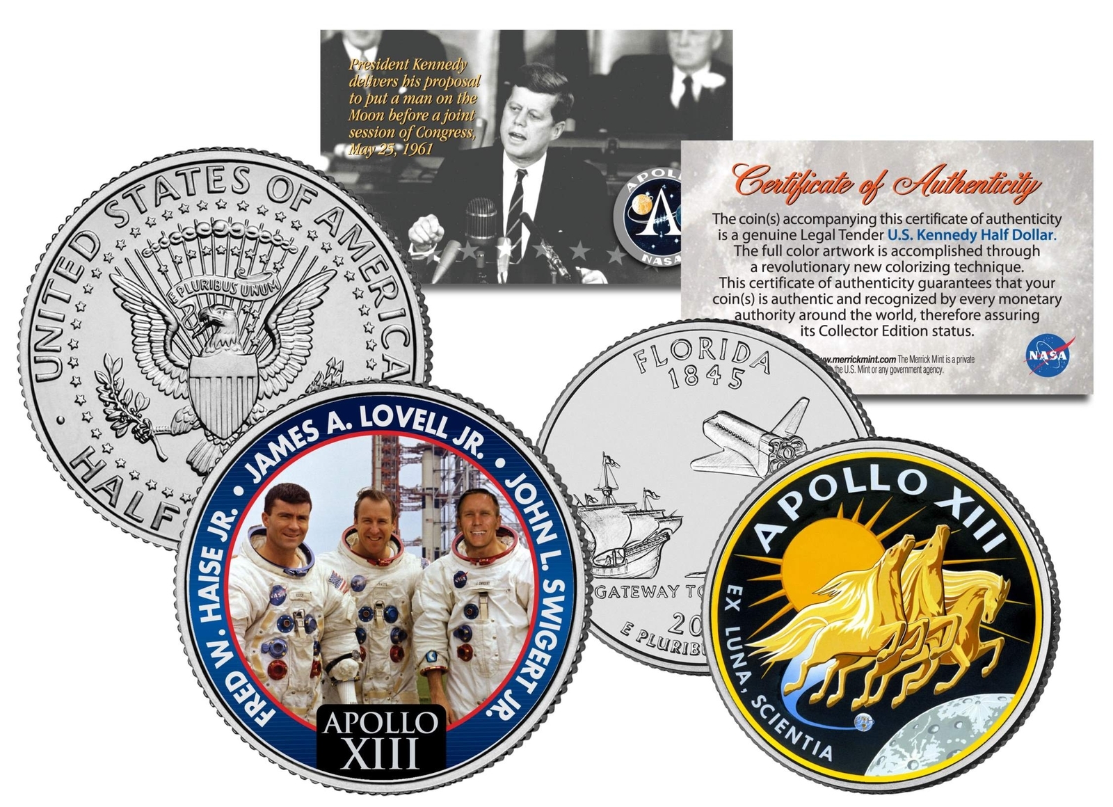 APOLLO 13 SPACE MISSION 2-Coin Set US Quarter & JFK Half Dollar NASA ...