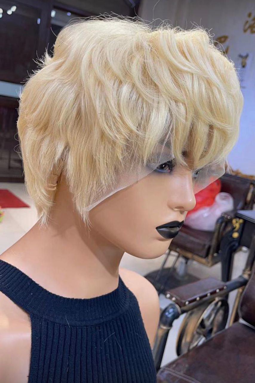 Blonde boy cut human hair pixie lace front wig/Blonde pixie wigs for white women - Hair ...