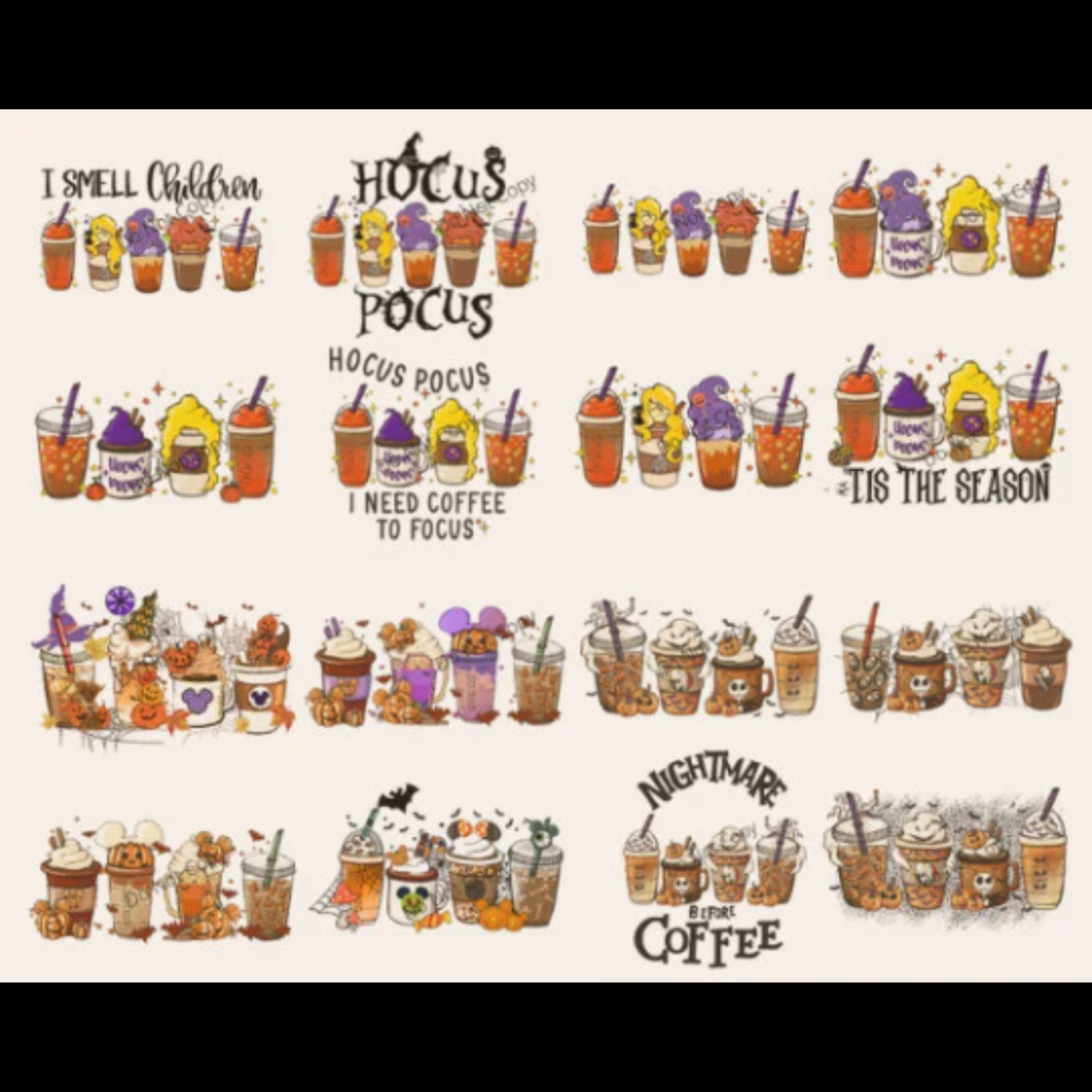 Horror Fall coffee Sublimation hand drawn Printable Graphic Bundle ...
