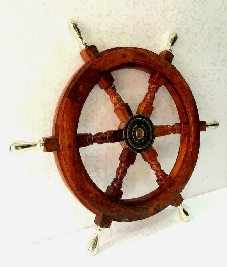 Wooden ship Wheel Vintage Boat Ships Captains Nautical wheel with Brass ...