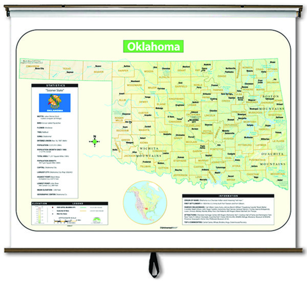 Oklahoma Large Scale Shaded Relief Wall Map on Roller with Backboard ...