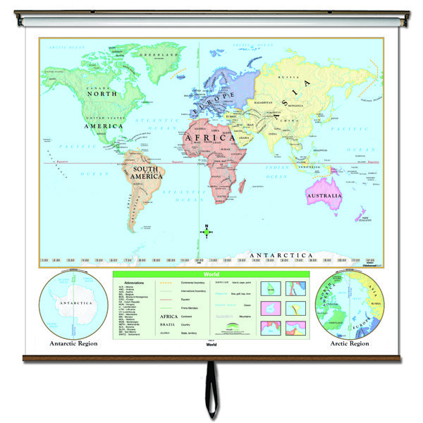World Beginner Classroom Wall Map on Roller w/ Backboard - Maps & Atlases