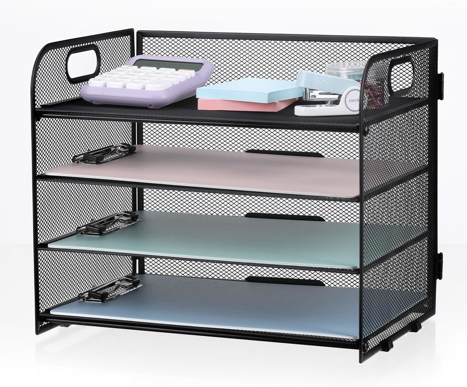 The Black Mesh Desk Organizer Tray Is A 4-Tier Paper Letter Tray ...