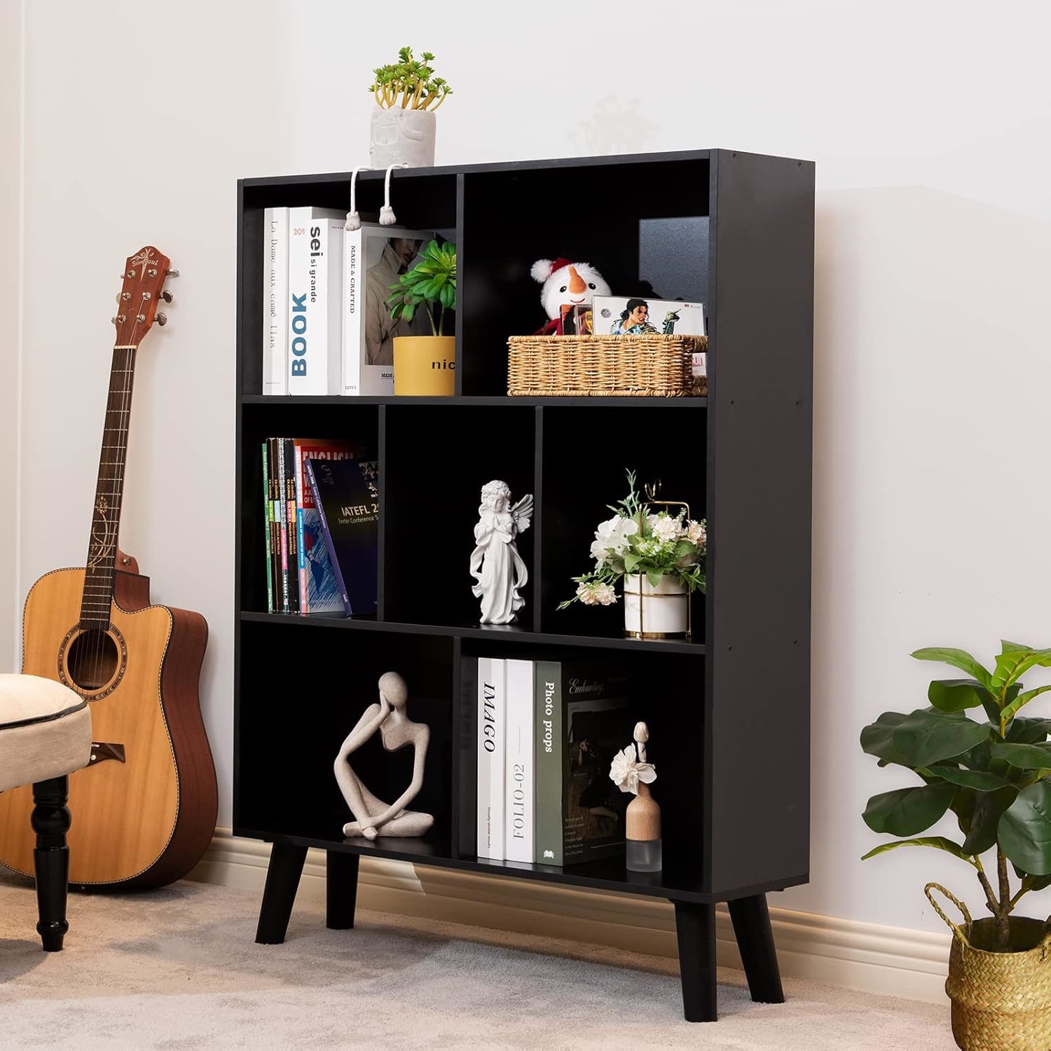 Black Bookshelf, 3-Tier Modern Bookcase With Legs, Bookcases Wood ...