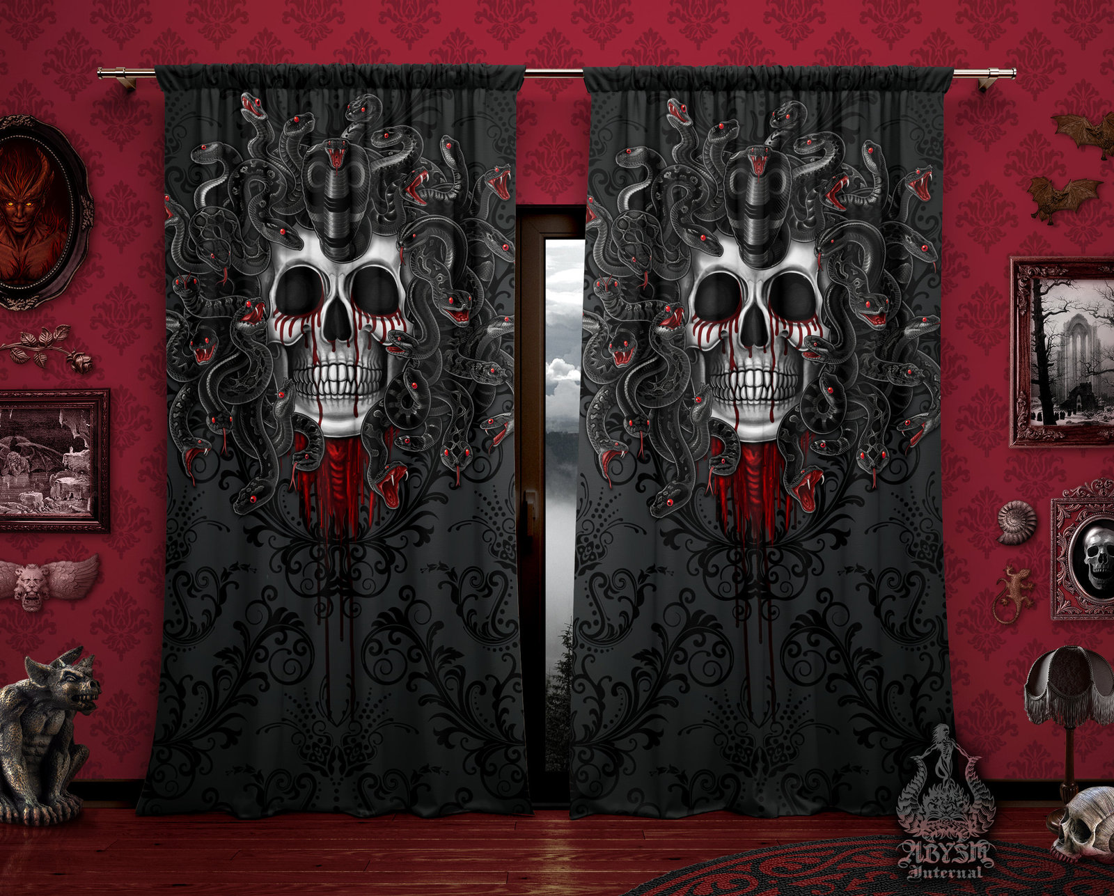 Goth Medusa Skull Curtains, Black Snakes, Gothic Home Decor, Window ...