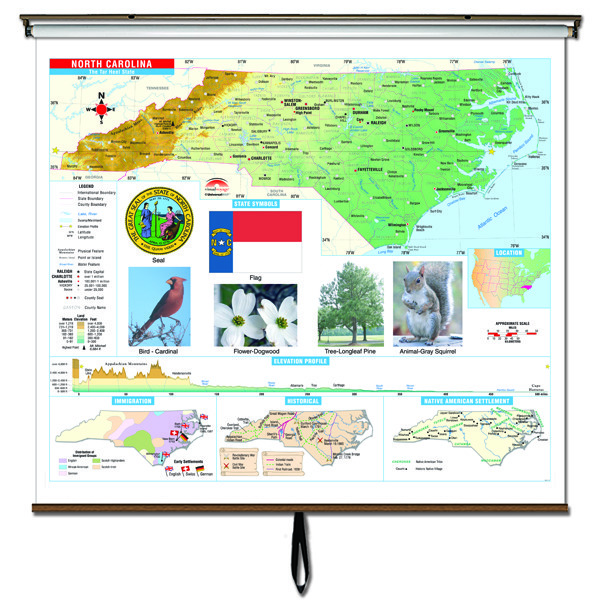 North Carolina State Primary Thematic Wall Map on Roller w/ Backboard ...