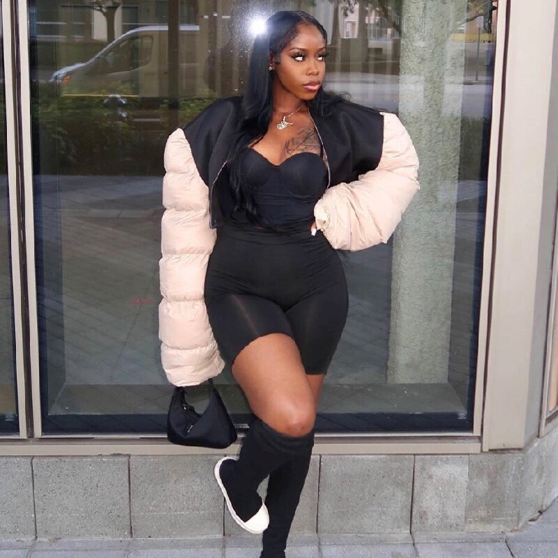 ANJAMANOR Extra Long Sleeve Zip Up Cropped Puffer Jacket Streetwear ...
