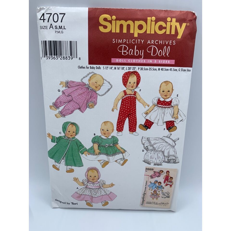 Simplicity Baby Doll Clothes Sewing Pattern Sz 12" to 22" doll 4707 ...