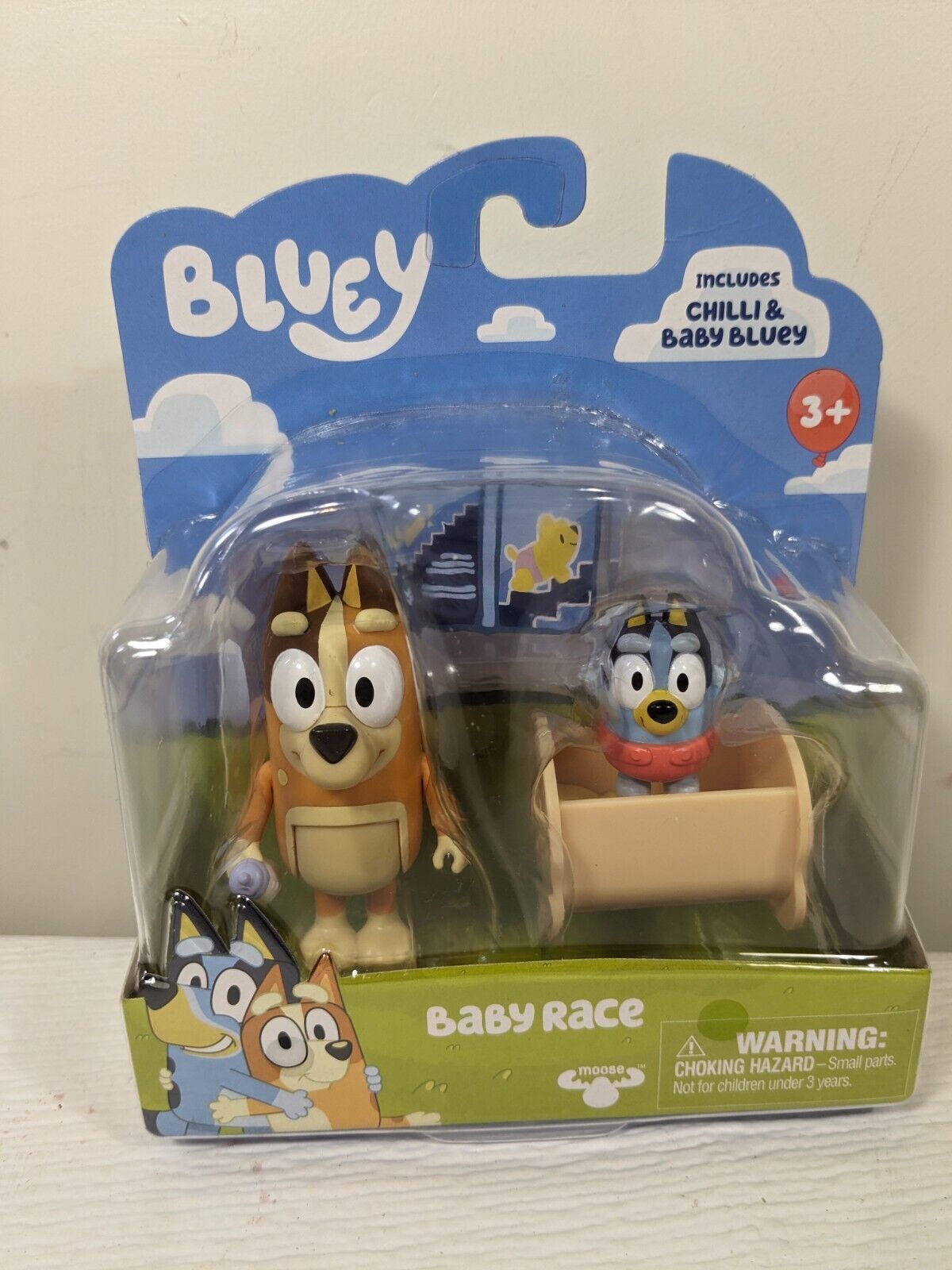NEW Bluey Baby Race Chilli & Baby Bluey w/ crib figurine toy set action ...