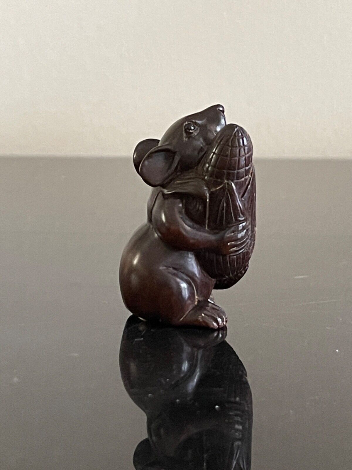 Antique Japanese Carved Wood Netsuke Mouse Eating a Corn Figurine ...