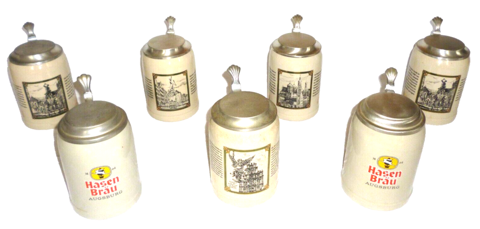 6 Hasenbrau Augsburg Landmarks lidded German Beer Steins - Germany