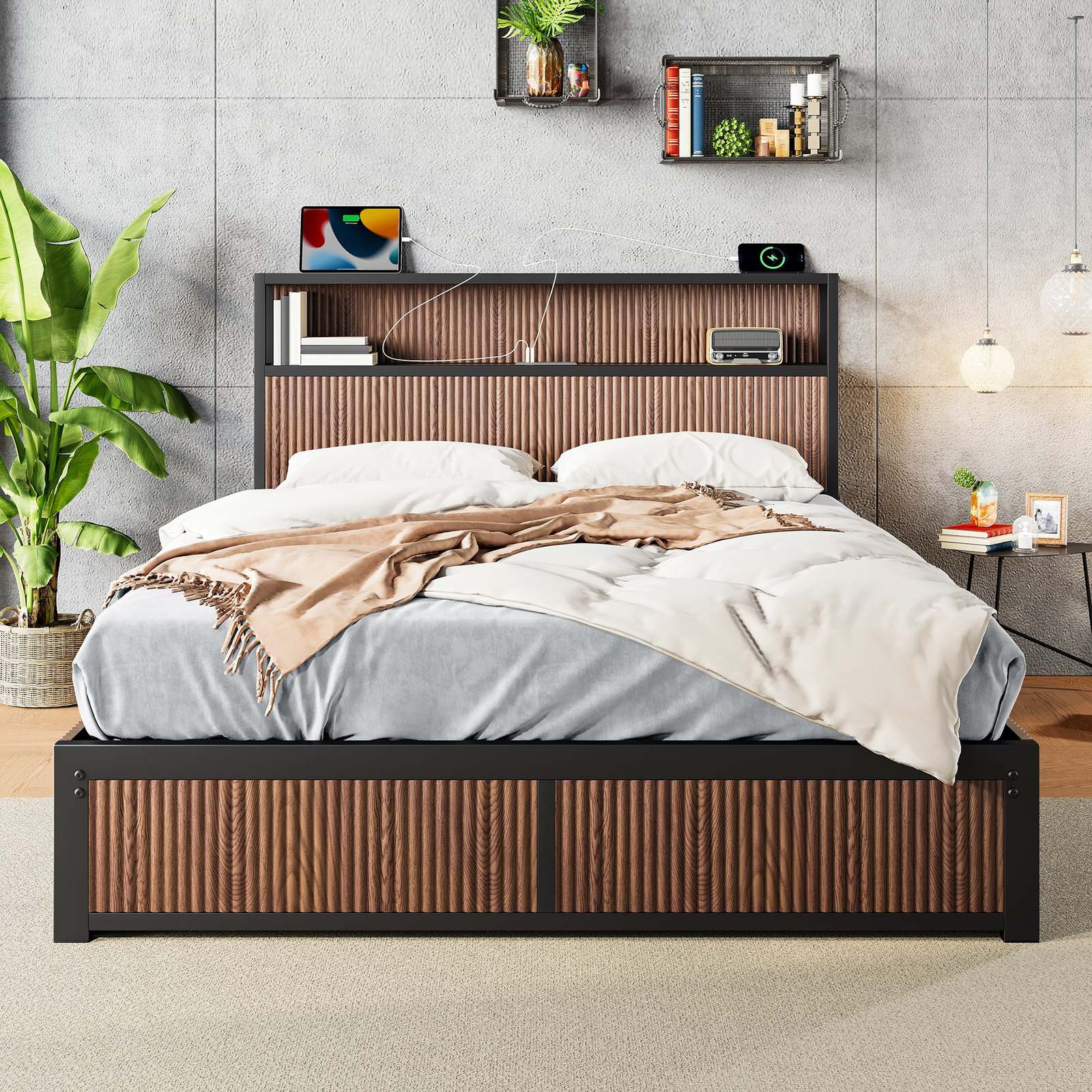 Queen Wood Platform Bed Frame: Storage, Drawers, Raised Pattern, Socket ...