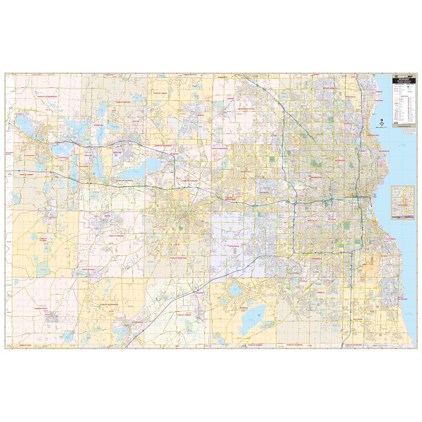 Milwaukee & Waukesha Counties, WI Wall Map - Maps & Atlases