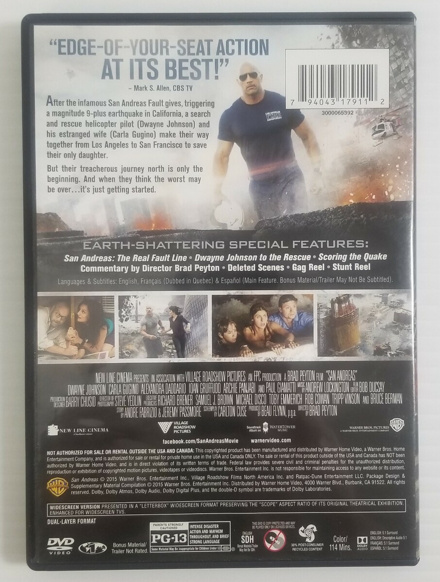 San Andreas (DVD, 2015) Dwayne The Rock Johnson 2-Disc Special Features ...