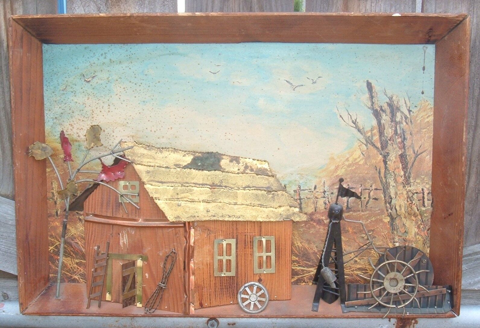 Vtg Primitive Folk Art Metal Wood Barn farm Picture Music Box British ...