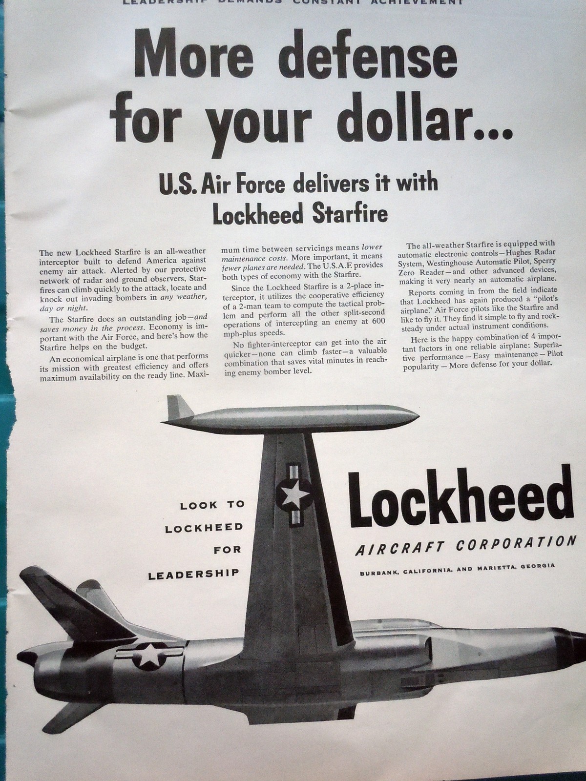 Lockheed Aircraft Corporation Starfire Magazine Print Art Advertisement ...