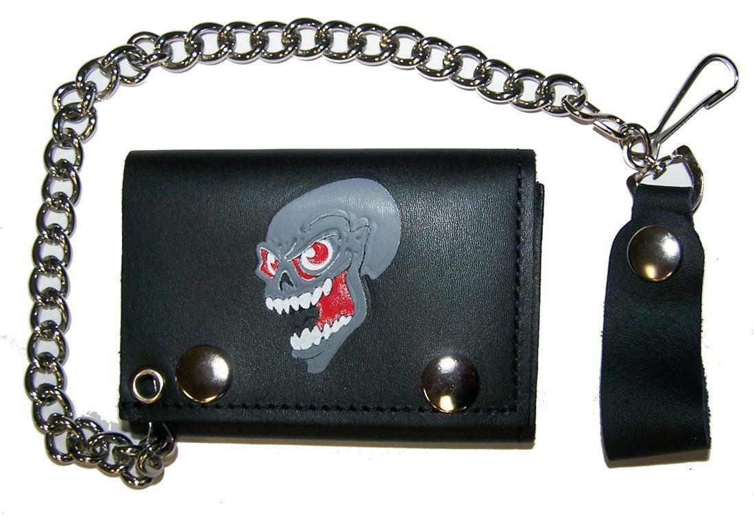 SCREAMING SKULL TRIFOLD BIKER WALLET W heavy CHAIN mens LEATHER #644 ...