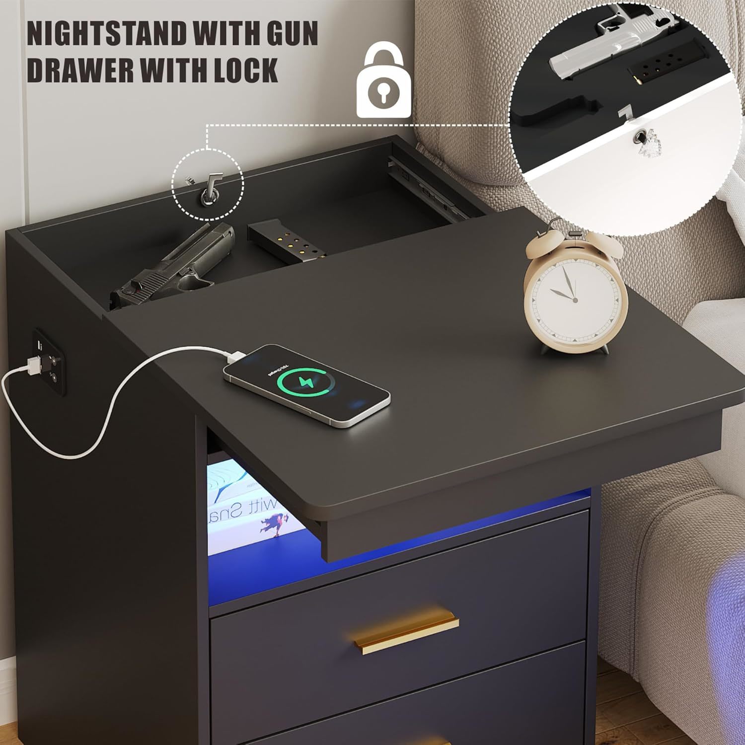 Night Stand With Gun Drawer, Charging Bedside Table With Usb & Type-C ...