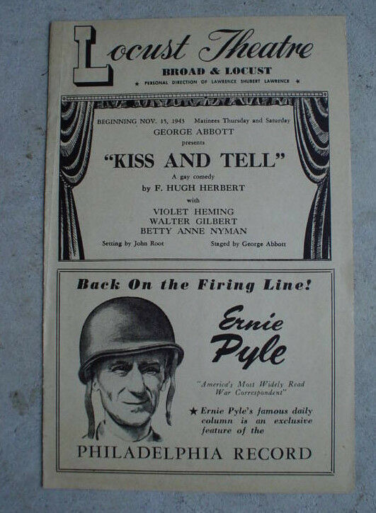 1940s Play Program Locust Theatre Kiss and Tell - 1940-49