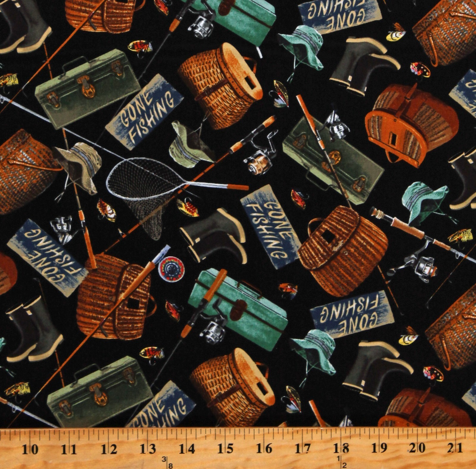 Cotton Fishing Gear Equipment Tackle Box Rods Fabric Print by the Yard ...