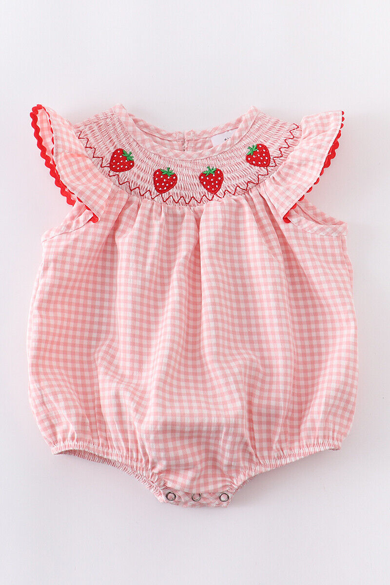 Boutique Strawberry Smocked Baby Girls Pink Bubble Romper Jumpsuit - One-Pieces