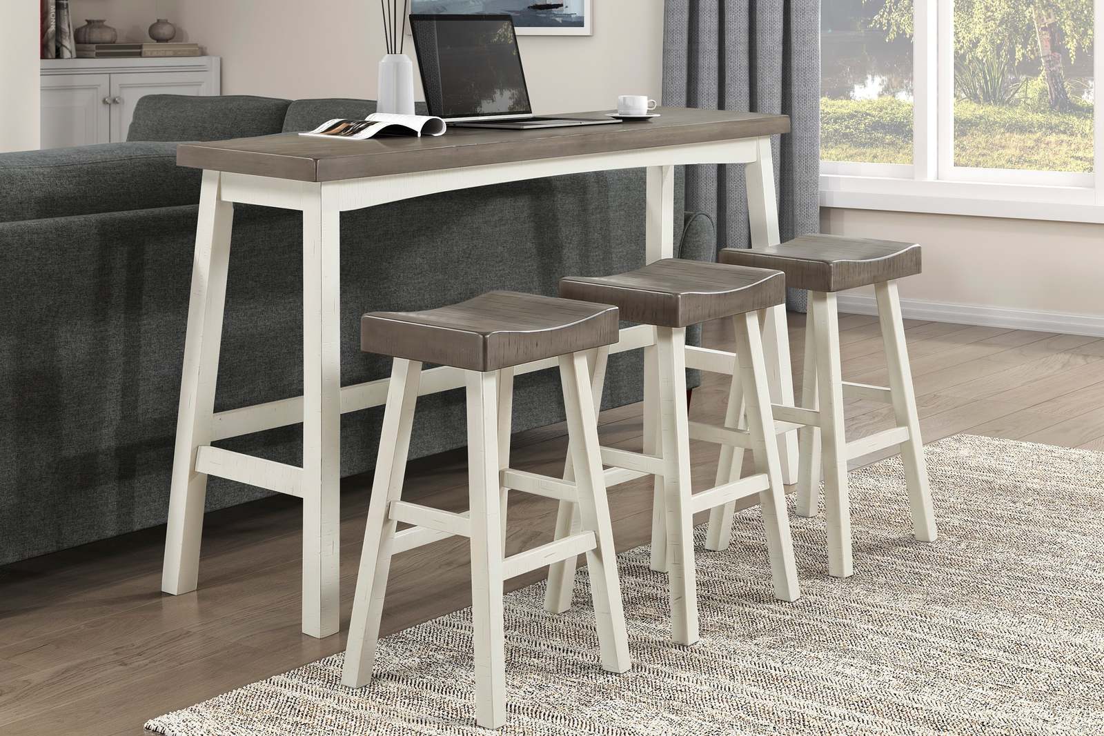 White Pub Table & 4 Stools Set - Rubberwood - Benches, Stools & Bar Stools