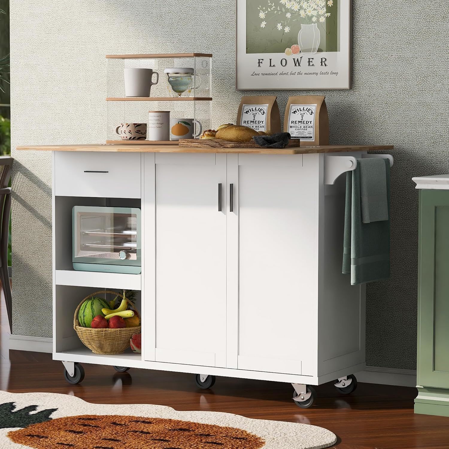 Rolling Kitchen Island With Foldable Countertop, Storage Cabinet, Slide ...