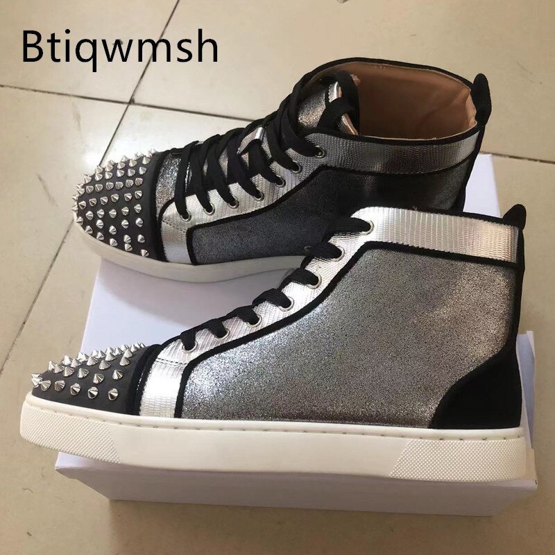 Silver Gray Sneakers Man Pointed Toe Rivet High Top Lace Up Flas For ...