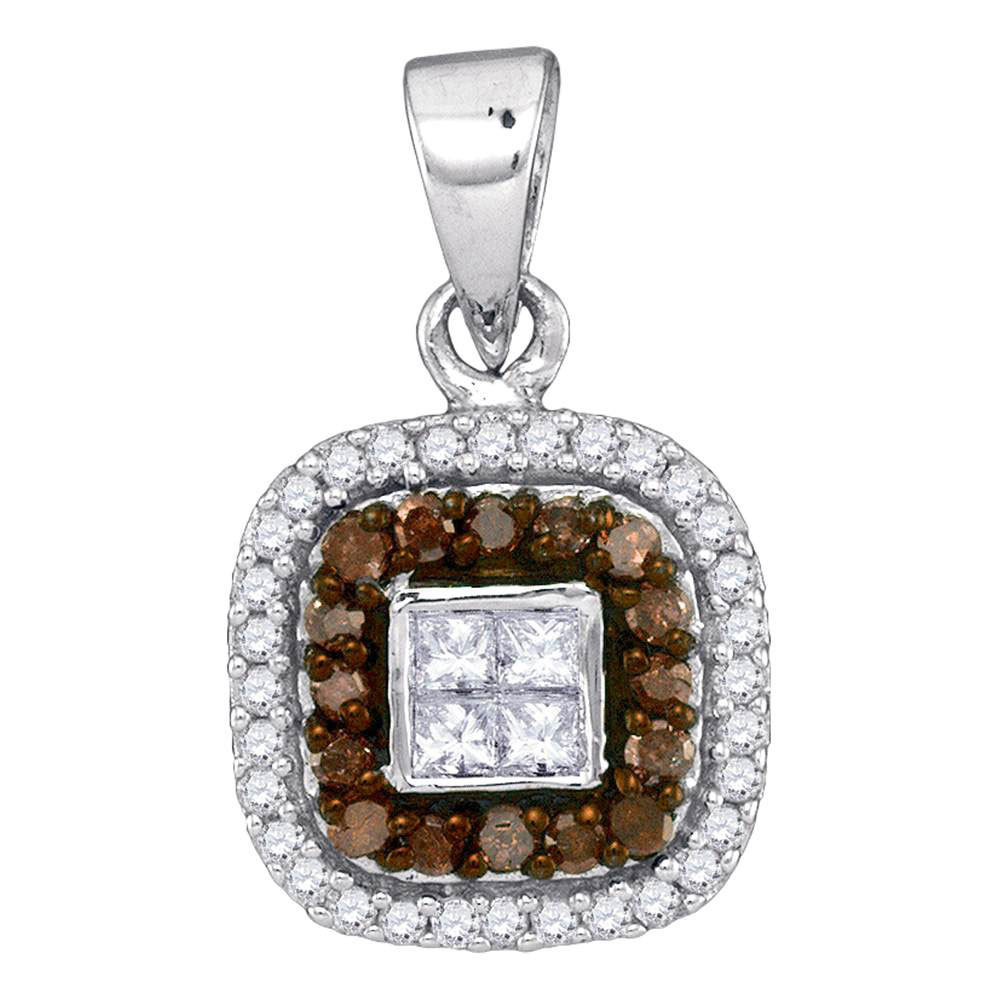 10k White Gold Round Brown Color Enhanced Diamond Square Frame Pendant ...
