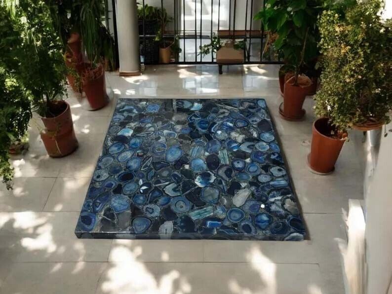 Square Blue Agate Corner Table Crystal Gemstone Kitchen Side Furniture ...