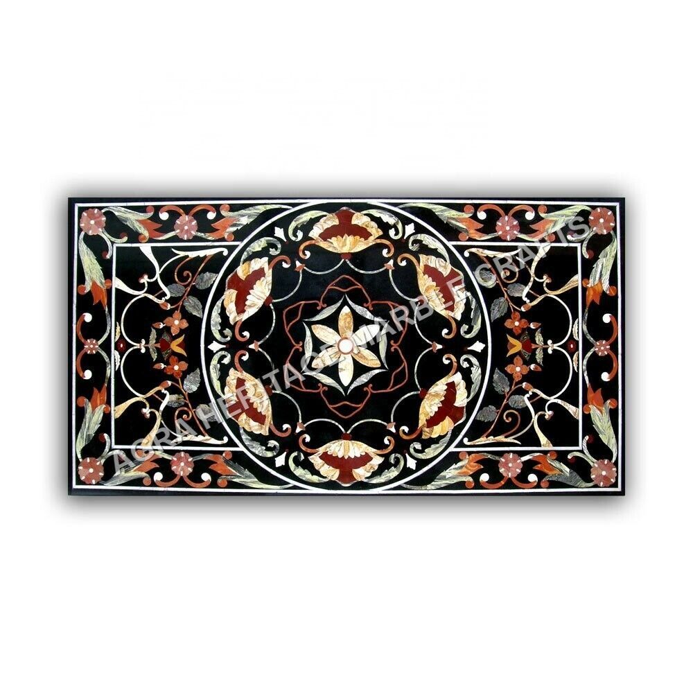 6'x3' Black Marble Center Dining Table Gemstone Inlay Marquetry Arts ...