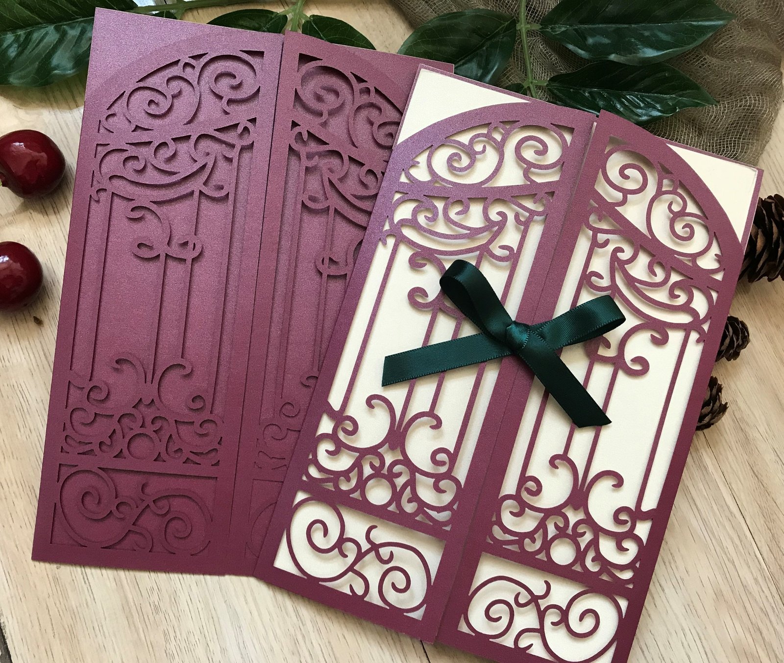 50pcs Pearl Burgundy Red Gate Laser Cut Invitations Cards,Laser Cut ...