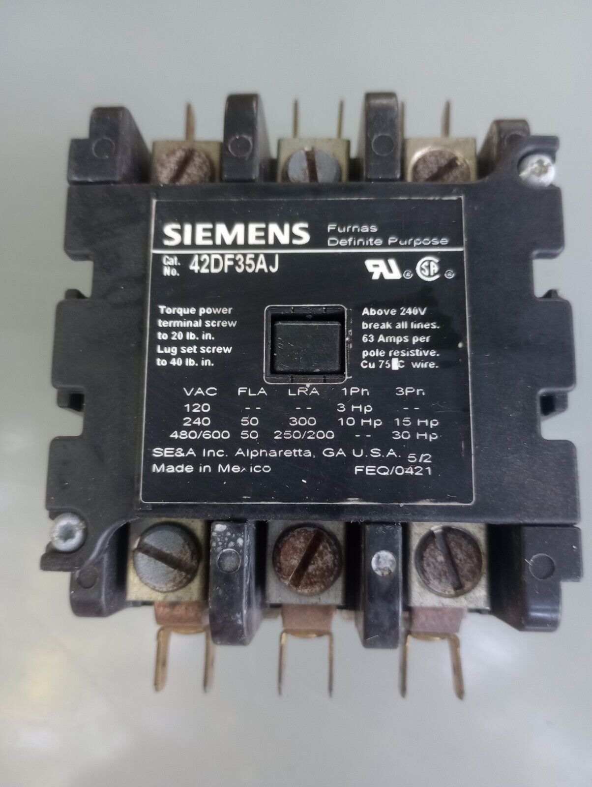 Siemens 42DF35AJ Definite Purpose Contactor 3-Pole 50 Amp 24VDC Coil ...