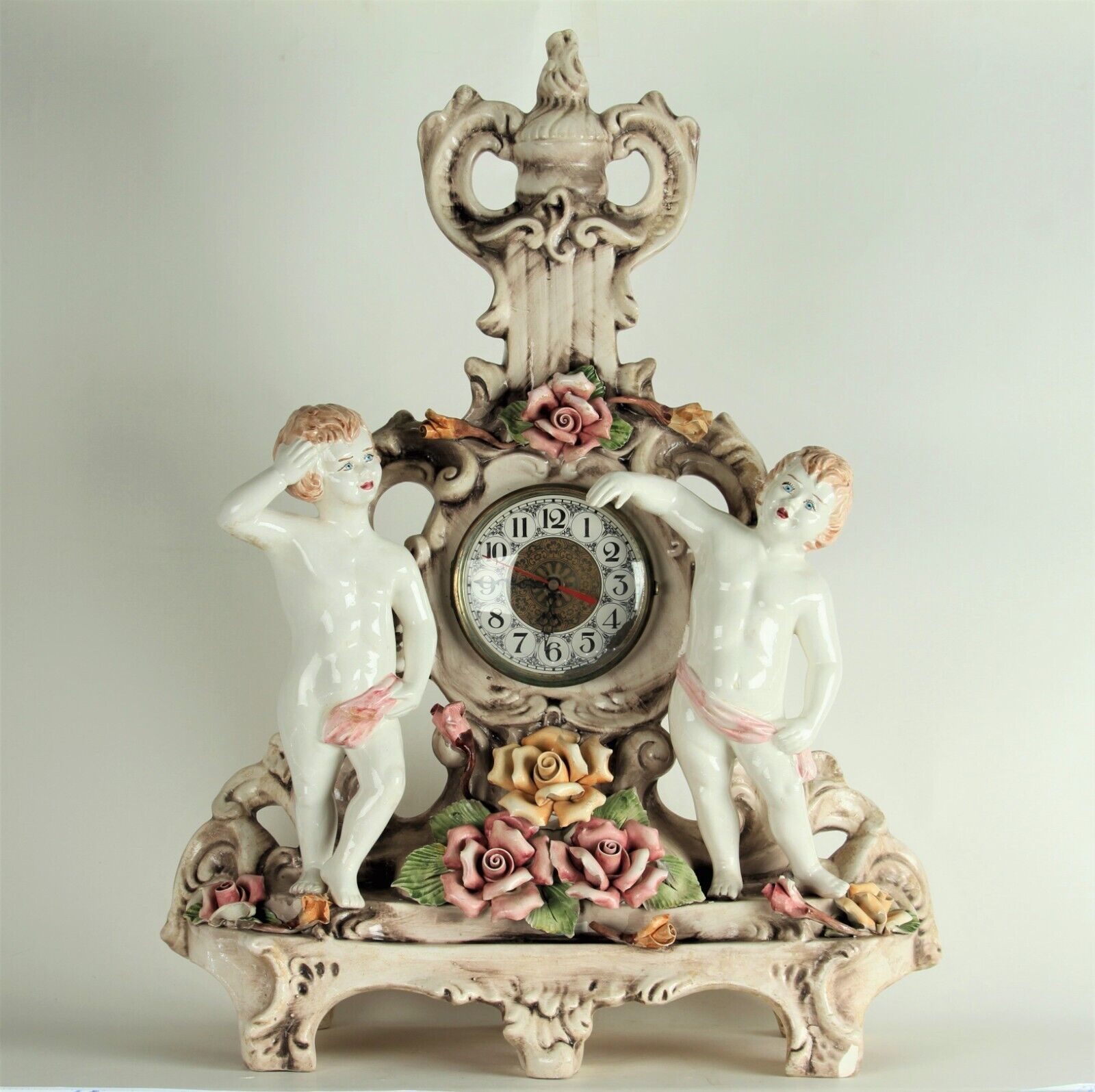 Capodimonte Porcelain Mantle Clock with Putti / Cherub Embellished with ...