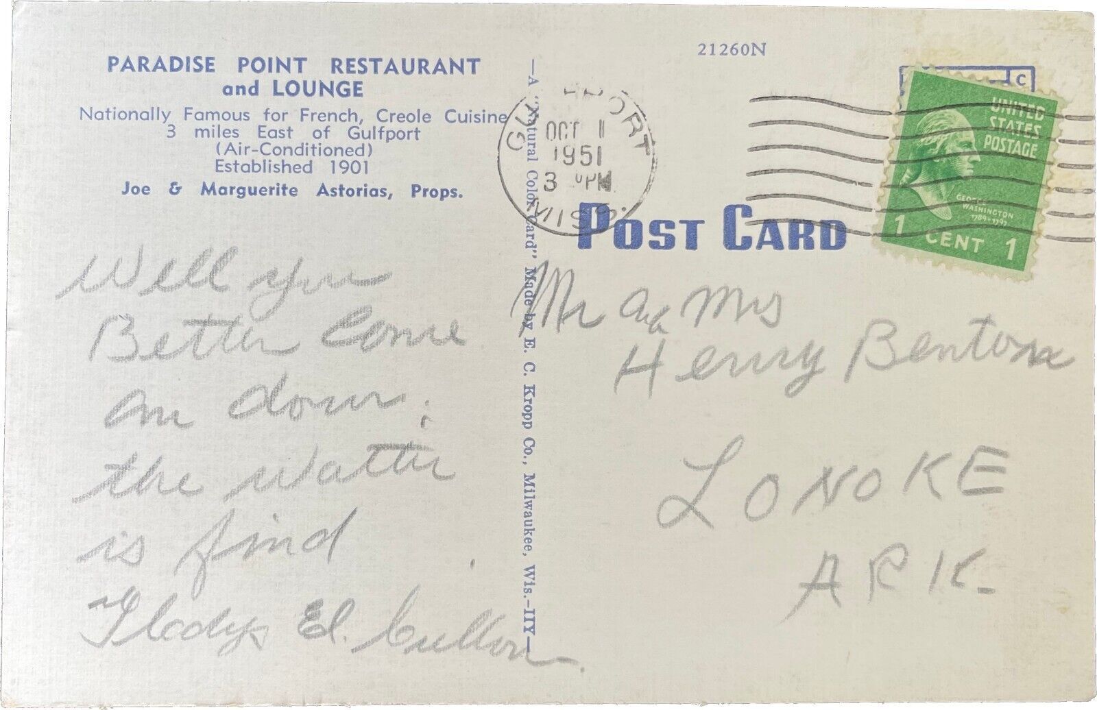 Paradise Point Restaurant, Gulfport, Mississippi, vintage post card ...