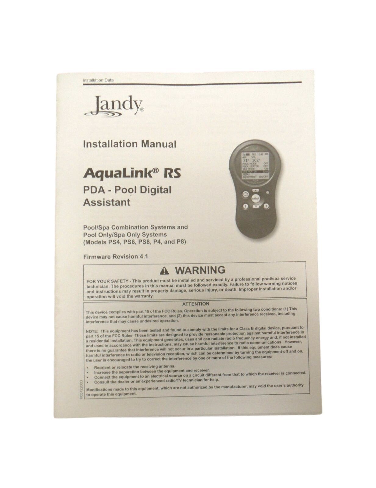 Jandy Aqualink RS PDA Pool Digital Assistant Installation Manual ...