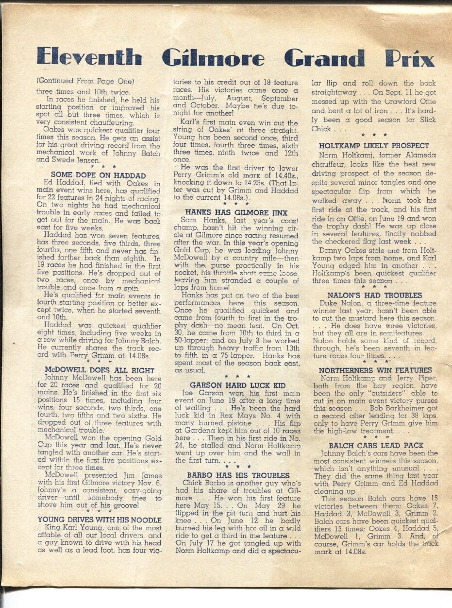 Gilmore Stadium Turkey Night Grand Prix Racing Program Midget races ...