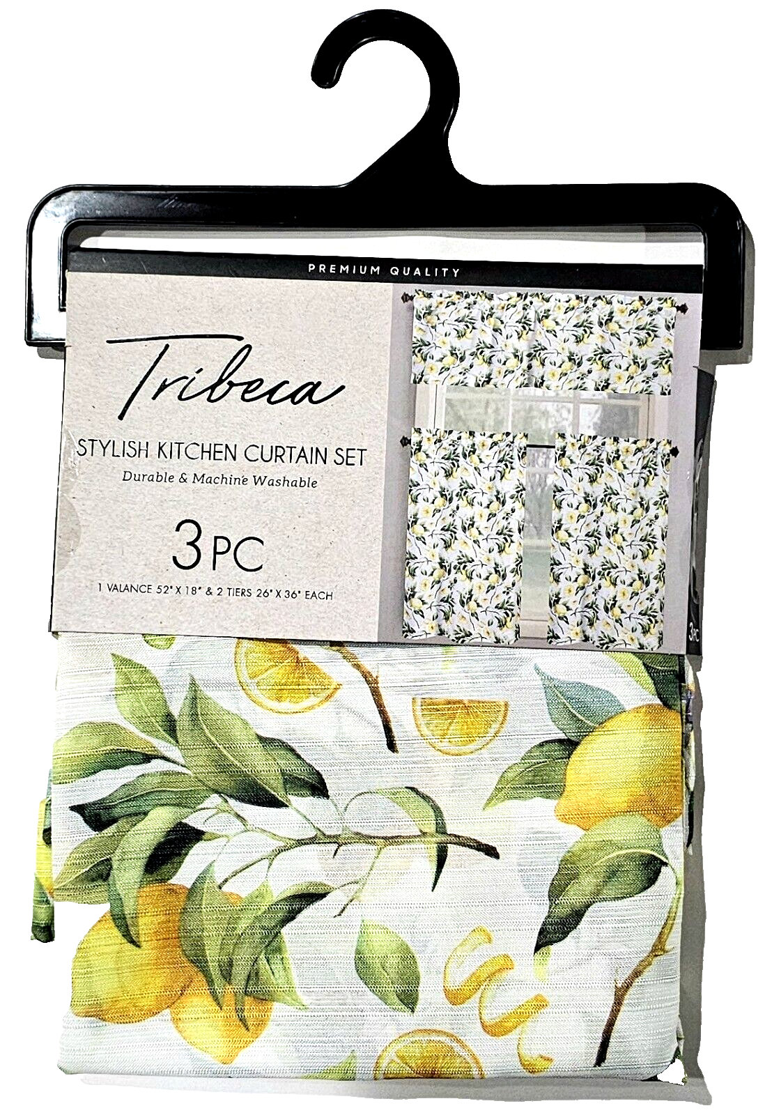 Tribeca Stylish Kitchen Curtain Set 3pc Valance 52x18in 2 Tiers 26x36in ...