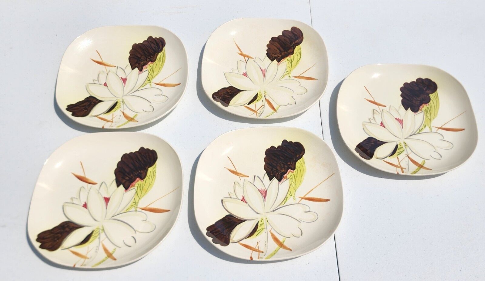 1940s Set of 5 Red Wing China 10.5" Square Dinner Plates Lotus Bronze ...