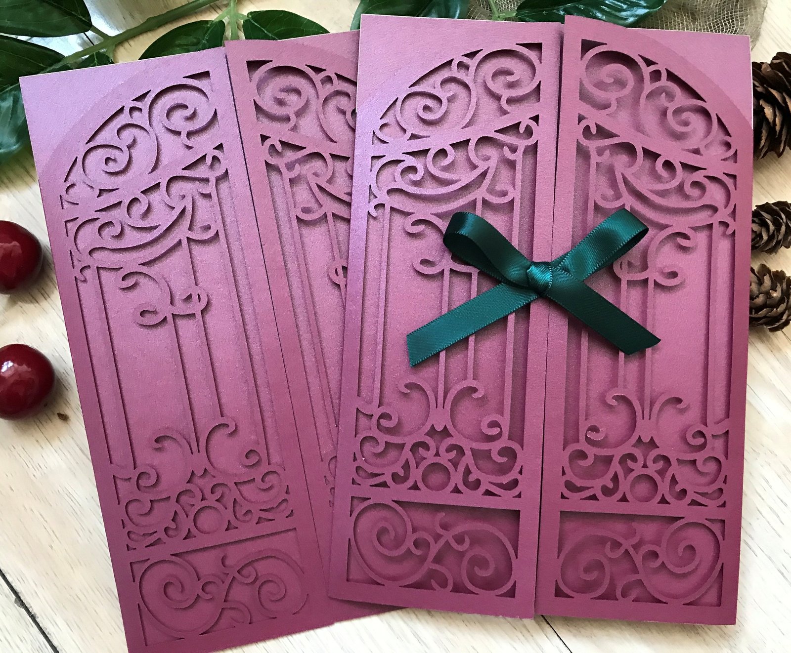 50pcs Pearl Burgundy Red Gate Laser Cut Invitations Cards,Laser Cut ...