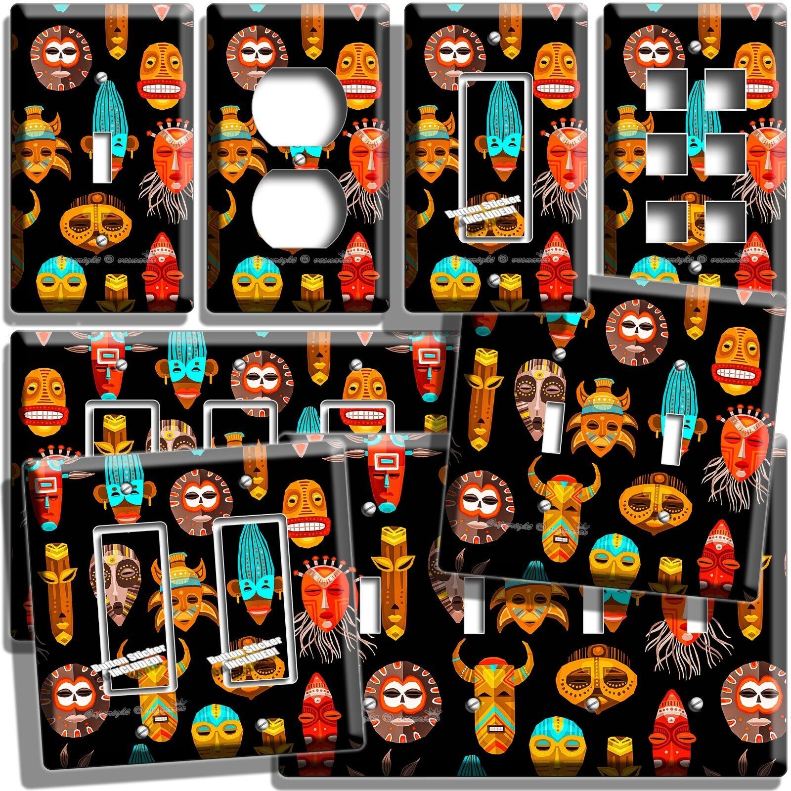 COLORFUL AFRICAN TRIBAL MASKS LIGHT SWITCH OUTLET WALL PLATE FOLK ART ...