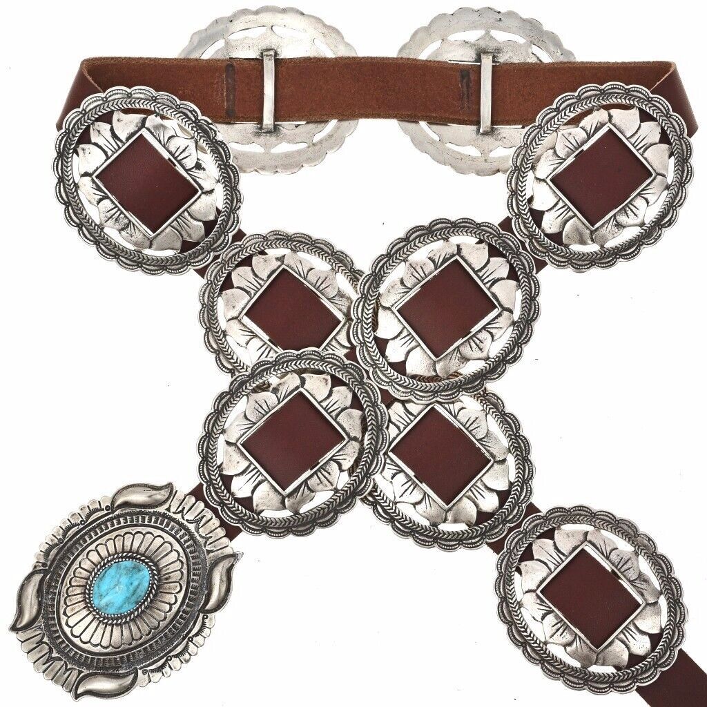 Navajo CAST SILVER CONCHO BELT, First Phase JIM MORRISON Style, Turquoise Buckle - Native ...
