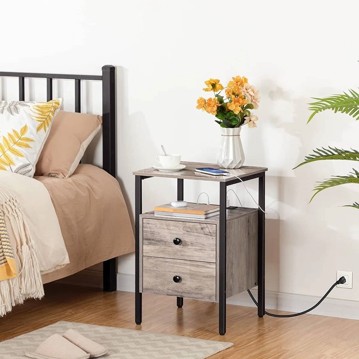Modern Black Metal Nightstand with Grey Wood Finish Drawers and Shelf ...