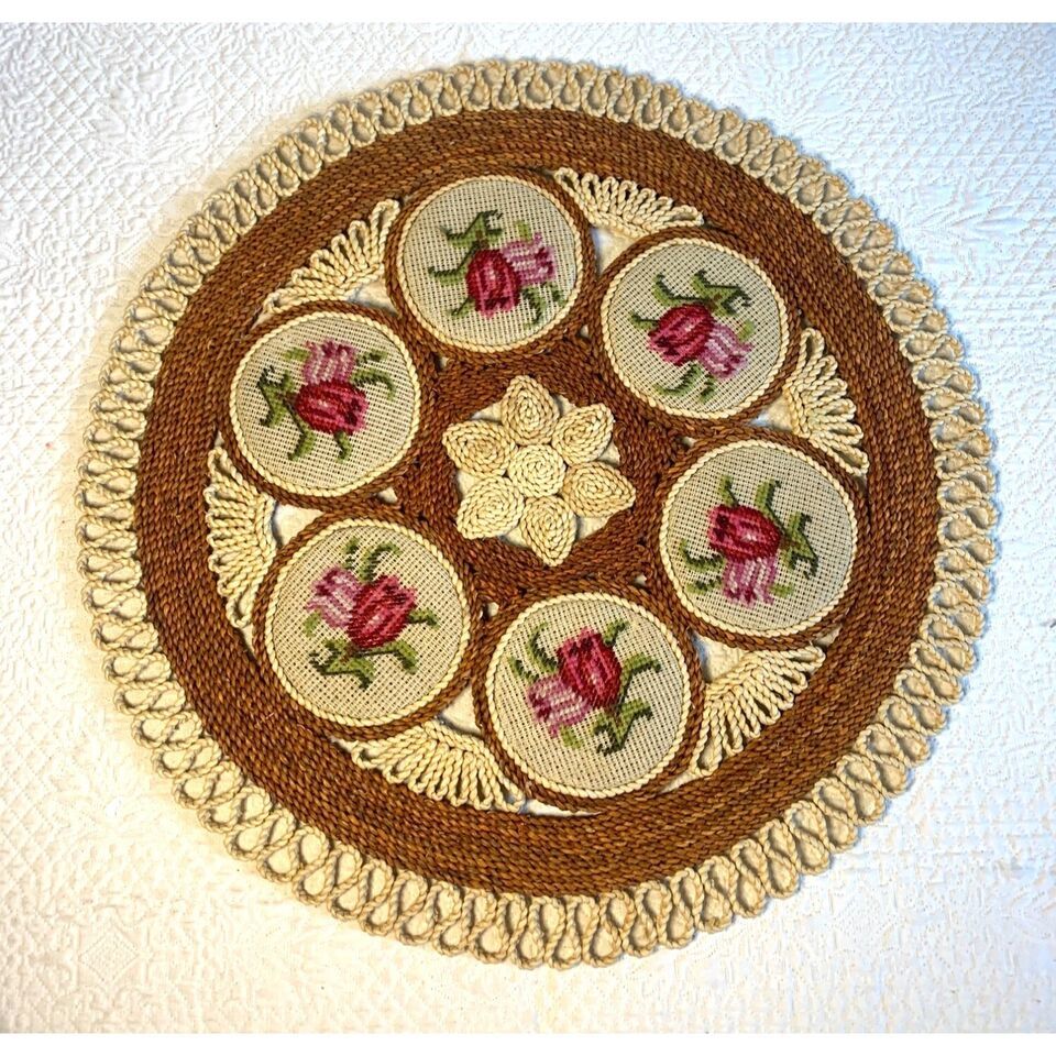Boho Woven Raffia Straw Needlepoint Centerpiece Mat Roses Vintage 18 ...