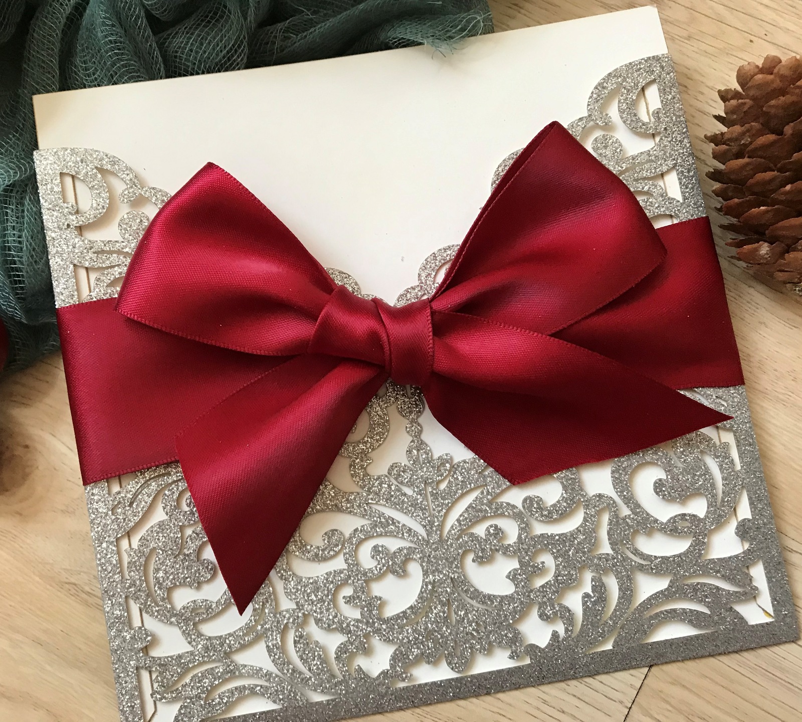 50pcs glitter silver Pocket Invitations cards with ribbon,Laser Cut ...