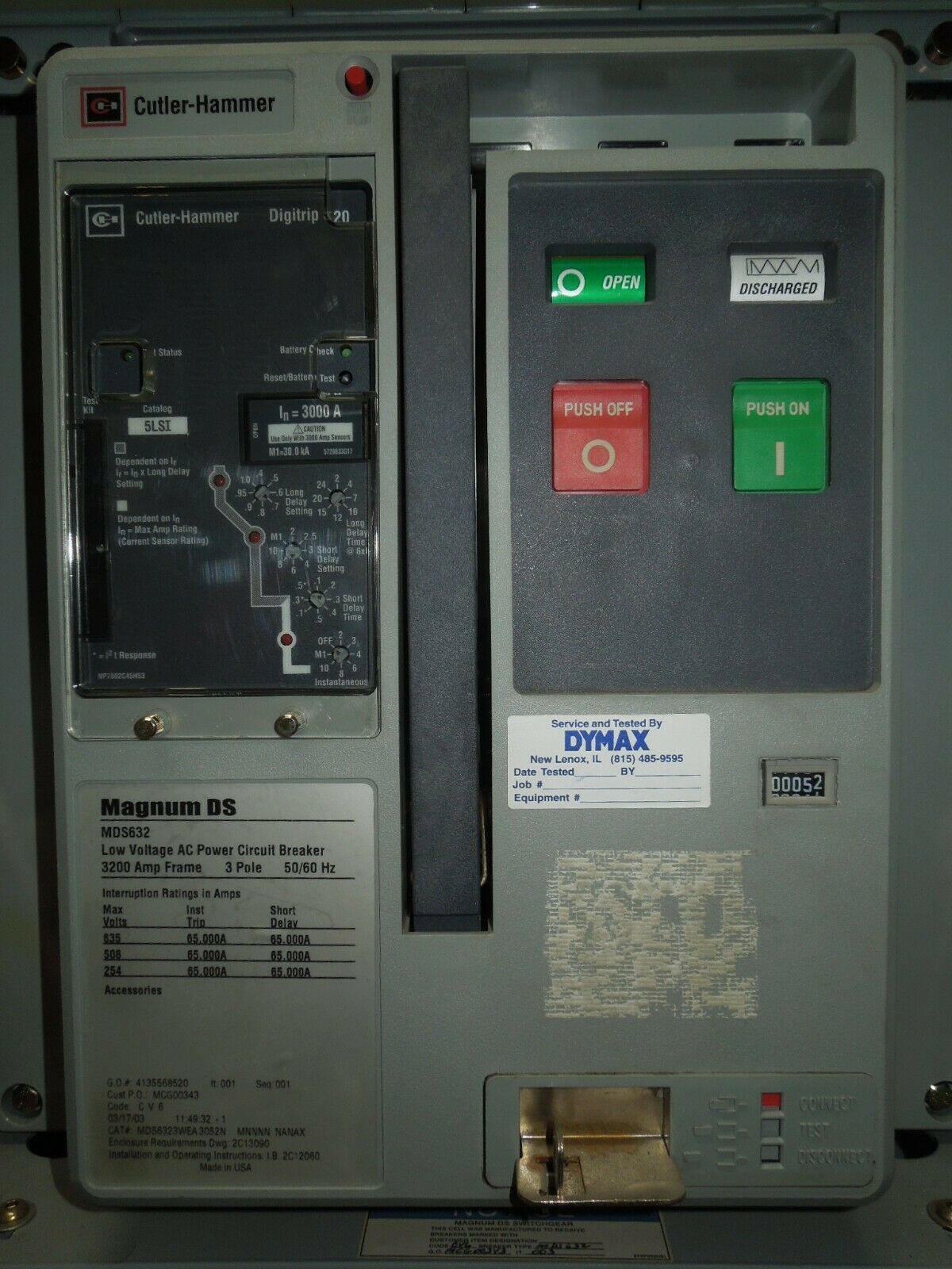 Cutler-Hammer Magnum DS MDS632 3200A Fr 3000A RP 3p 600V MO/DO Digitrip ...