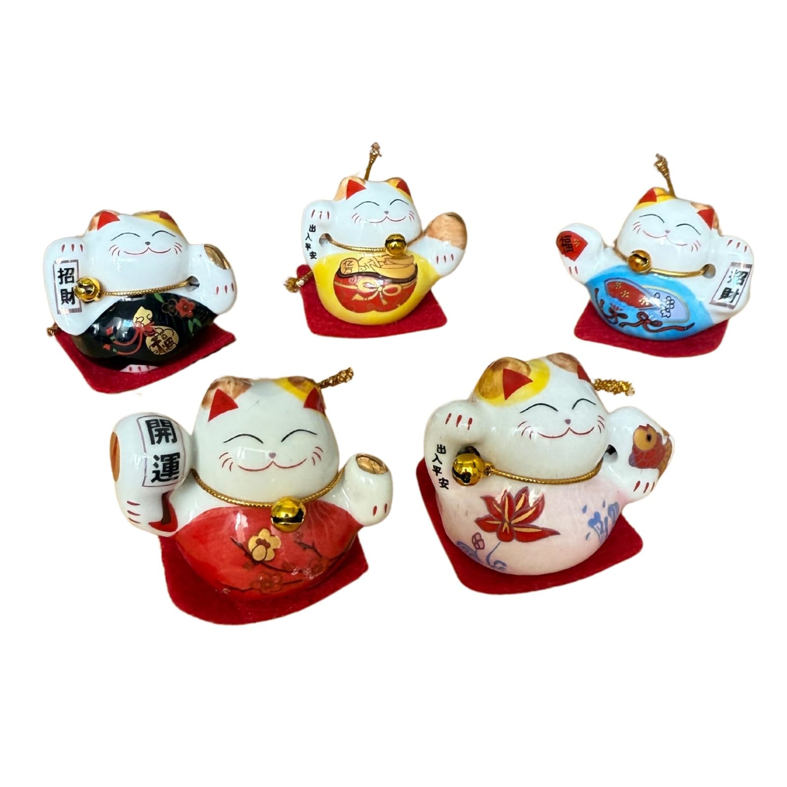 Set of 5 Mini Maneki Neko Lucky Cat Figurines for Prosperity & Fortune ...