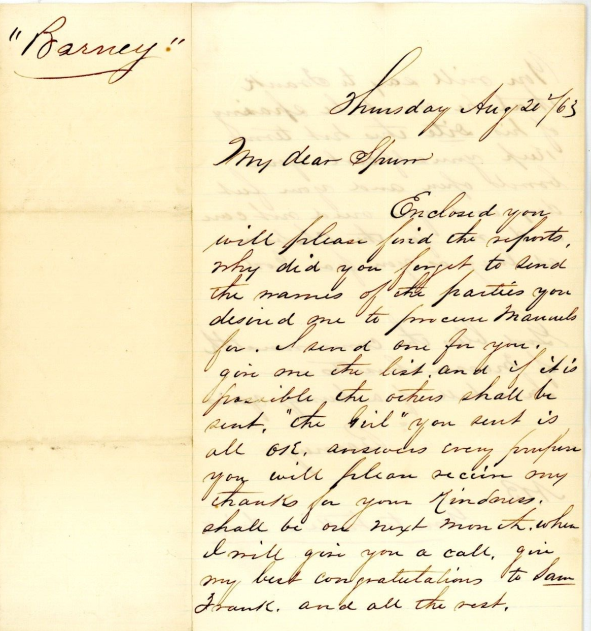 1863 Handwritten Letter Signed Barney Commonwealth of Massachusetts ...