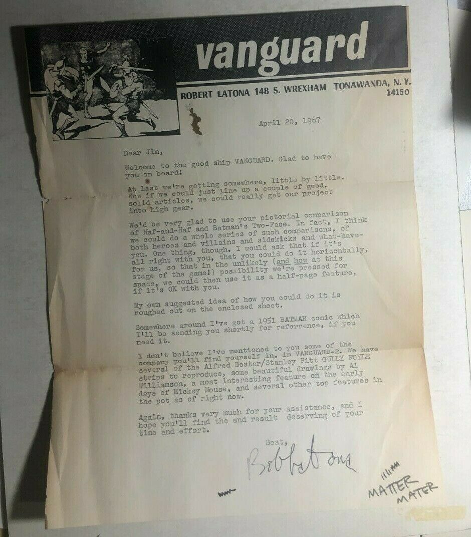 VANGUARD 1967 signed Robert Latona letter to comic fanzine artist Jim ...