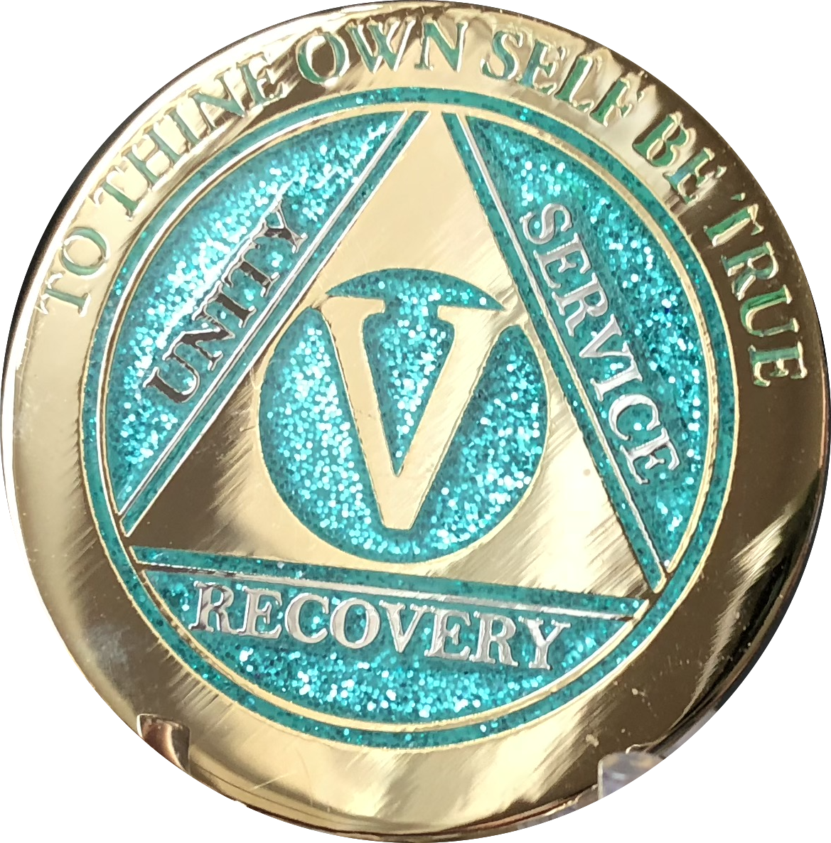5 Year AA Medallion Elegant Glitter Aqua Gold Plated Sobriety Chip Coin ...